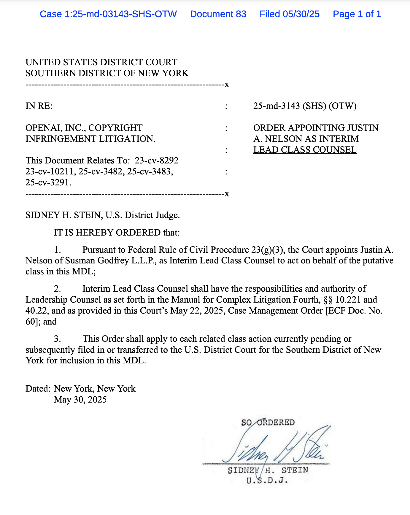 Judge Stein appoints Justin A. Nelson of Susman Godfey as Interim Lead ...