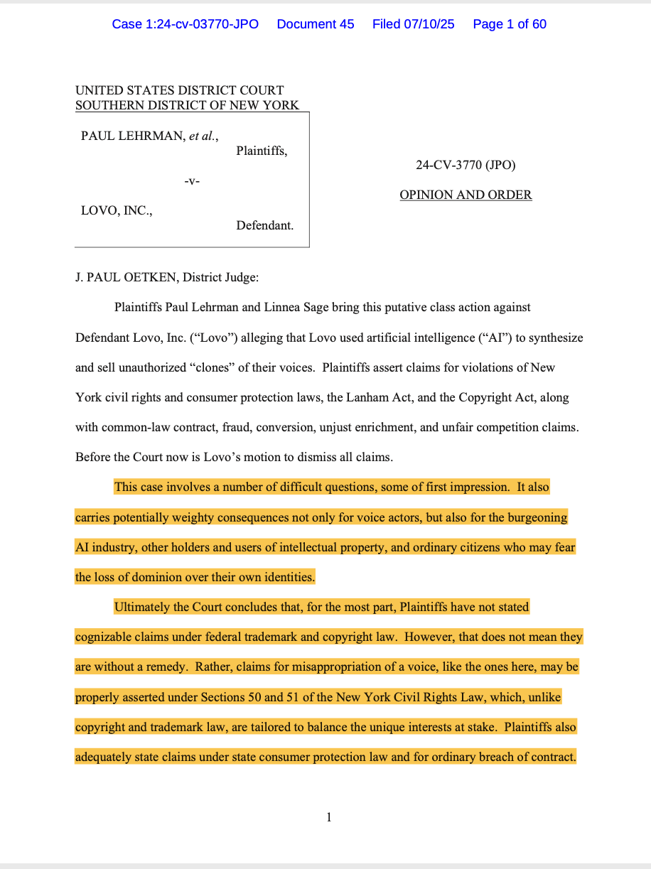 Judge Oetken allows New York law misappropriation claim by voice actors ...