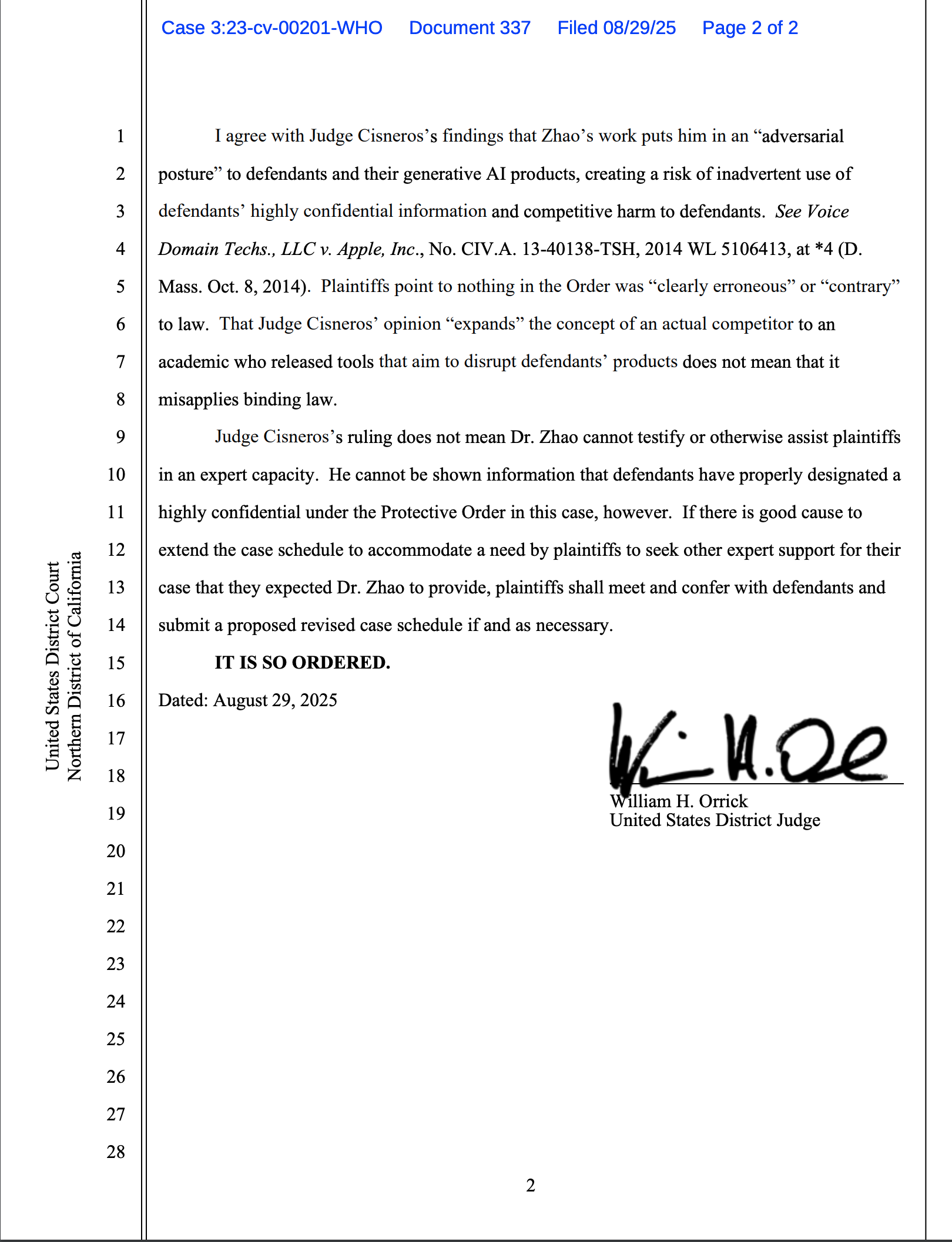 Judge Orrick upholds barring Dr. Ben Zhao from confidential datasets of ...