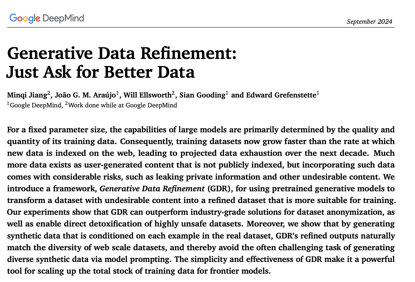 Google DeepMind research paper on Generative Data Refinement to cleanse ...