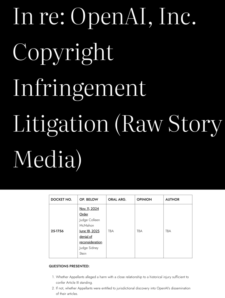 Follow the briefing in Raw Story Media v. OpenAI appeal, aka In re ...