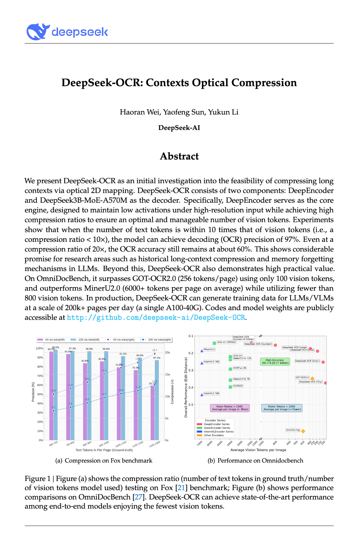 DeepSeek new paper: model uses images of text for vision tokens instead of text tokens. Optical ...