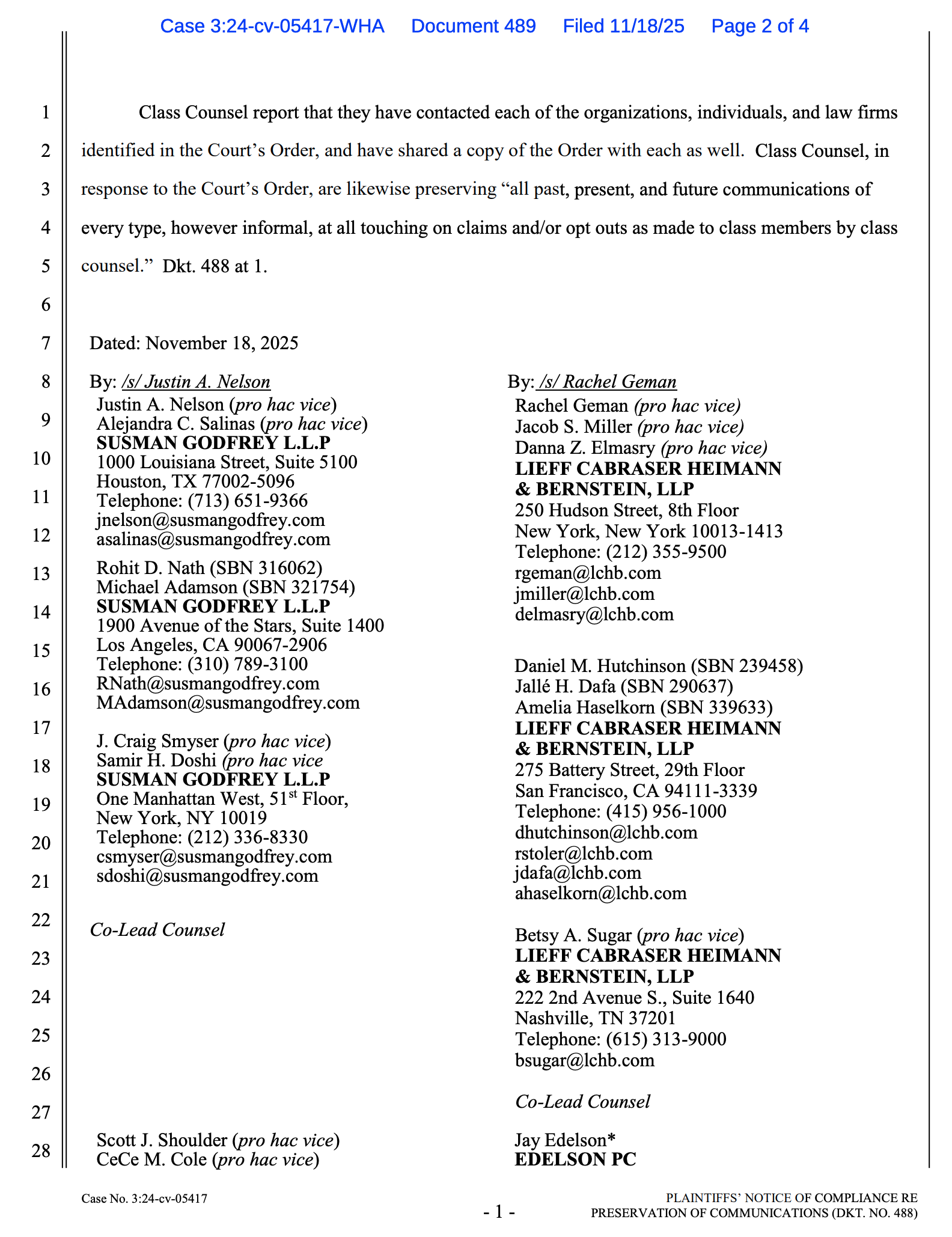 Class Counsel informs Judge Alsup of circulation of court’s ...