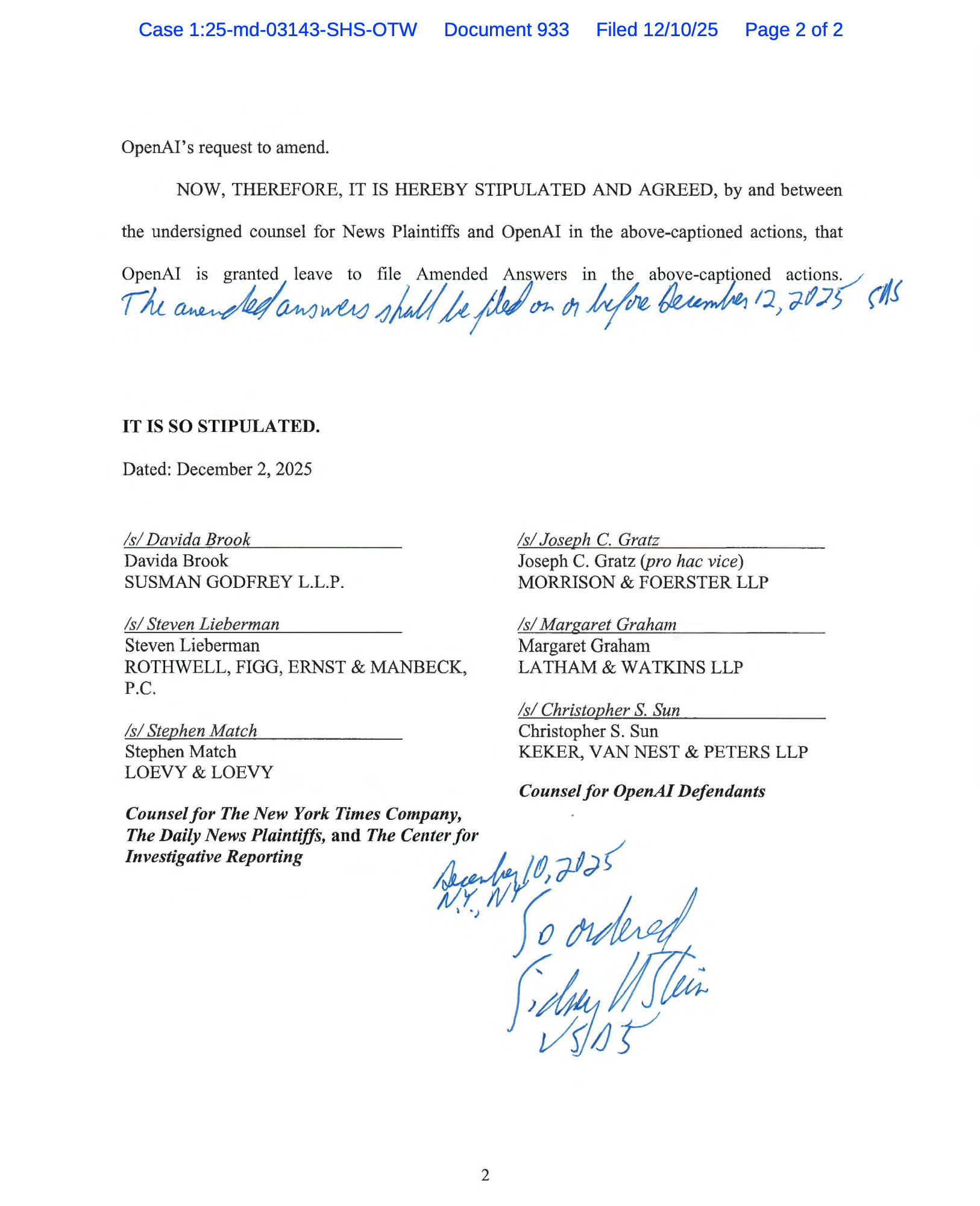 Judge Stein grants OpenAI chance to file amended answer in New York ...
