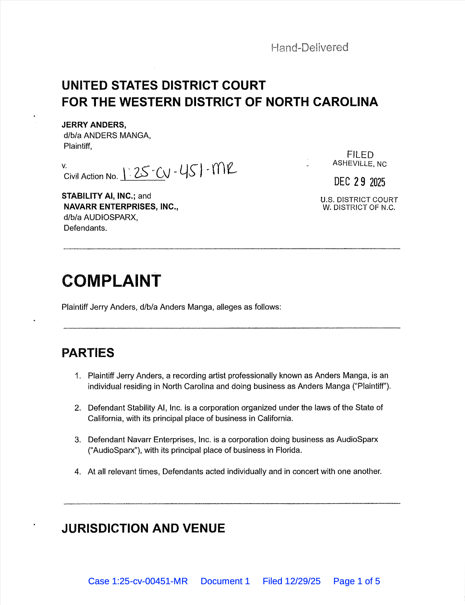 Musician Anders Manga (Jerry Anders) files pro se copyright complaint v ...