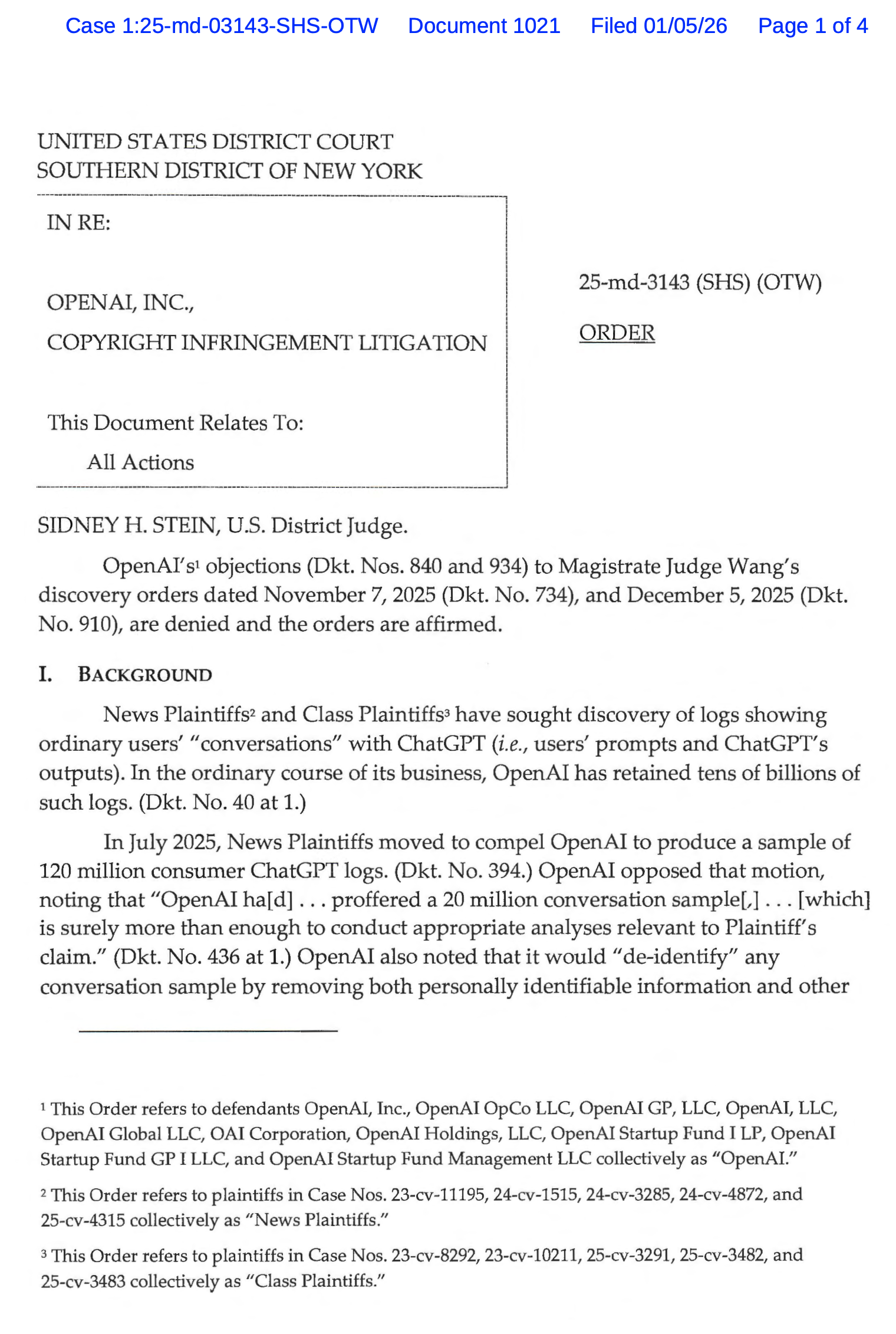 Judge Stein upholds disovery of 20M ChatGPT chat logs of users – Chat ...