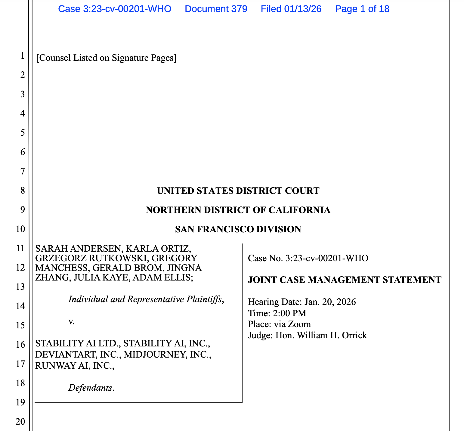Sarah Andersen v. Stability AI filed status report to Judge Orrick ...