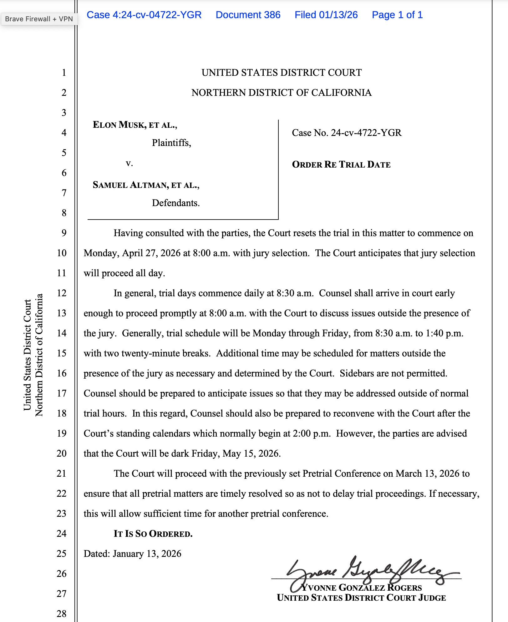 The Trial of the Century: Elon Musk v. Sam Altman starts Monday, April 27, 2026 at 8:00 a.m ...