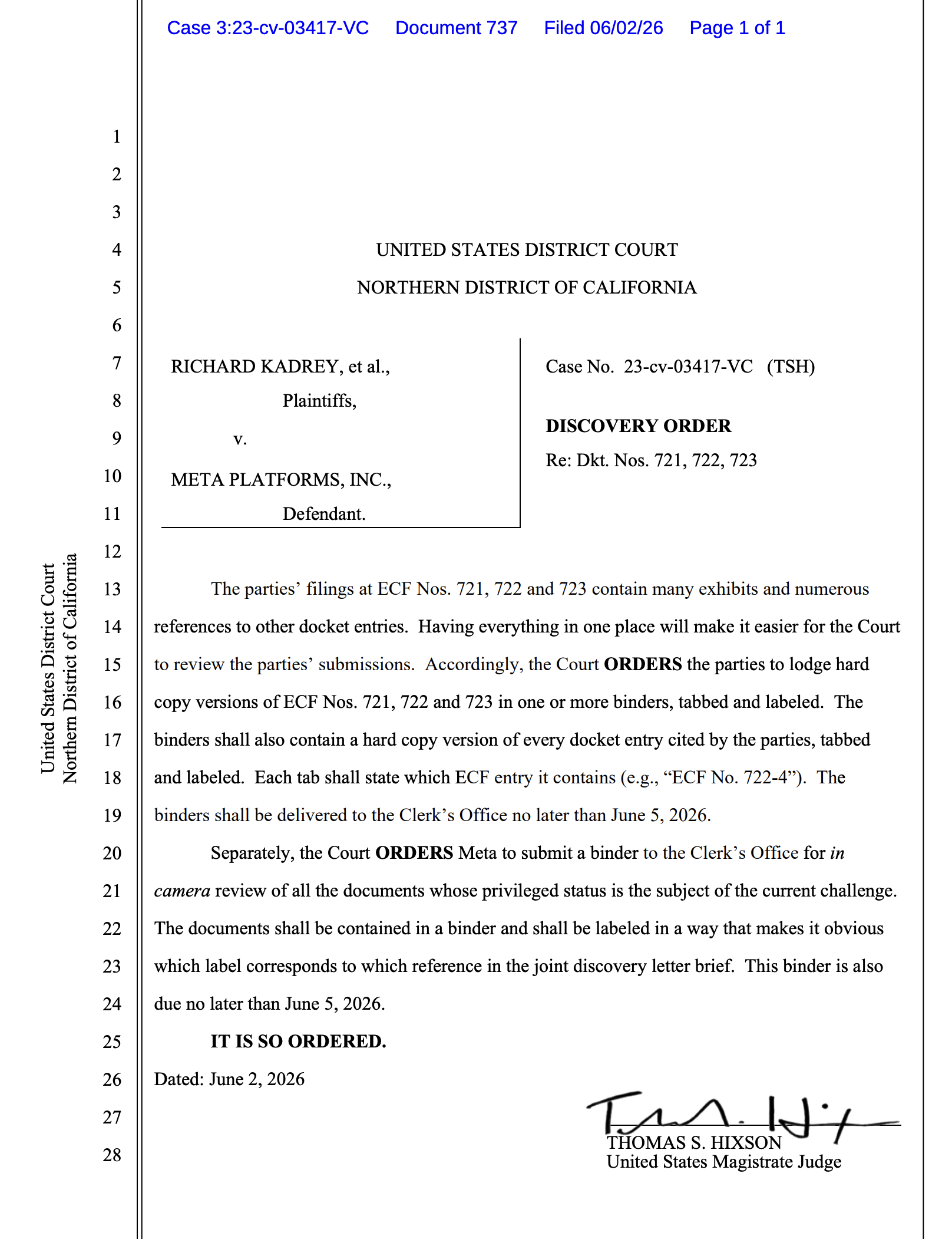 Magistrate Judge Hixson orders parties to produce binders of relevant ...